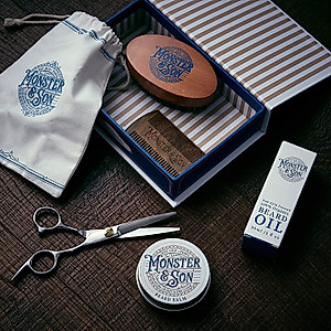 Monster&Son Premium 7-Item Organic Beard Kit - Beard Oil, Beard Balm, Beard Brush, Beard Comb, Scissors, Canvas Travel Bag - Male Grooming Kit in Gift Box - Great Mens Birthday Gift - Father's Day