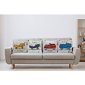 Cartoon Car Airplanes Be Curious Be Happy Be Brave Be Unique 18''x18'' Set Of 4 Throw Pillow Case Decorative Home Kid’s Room Nursery Playroom Cushion Cover,Sofa Bed Couch Decor,Boys Kids Teenage Gift
