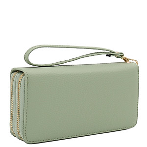 Double Zip Around Vegan Leather Wristlet Wallet (Mint)