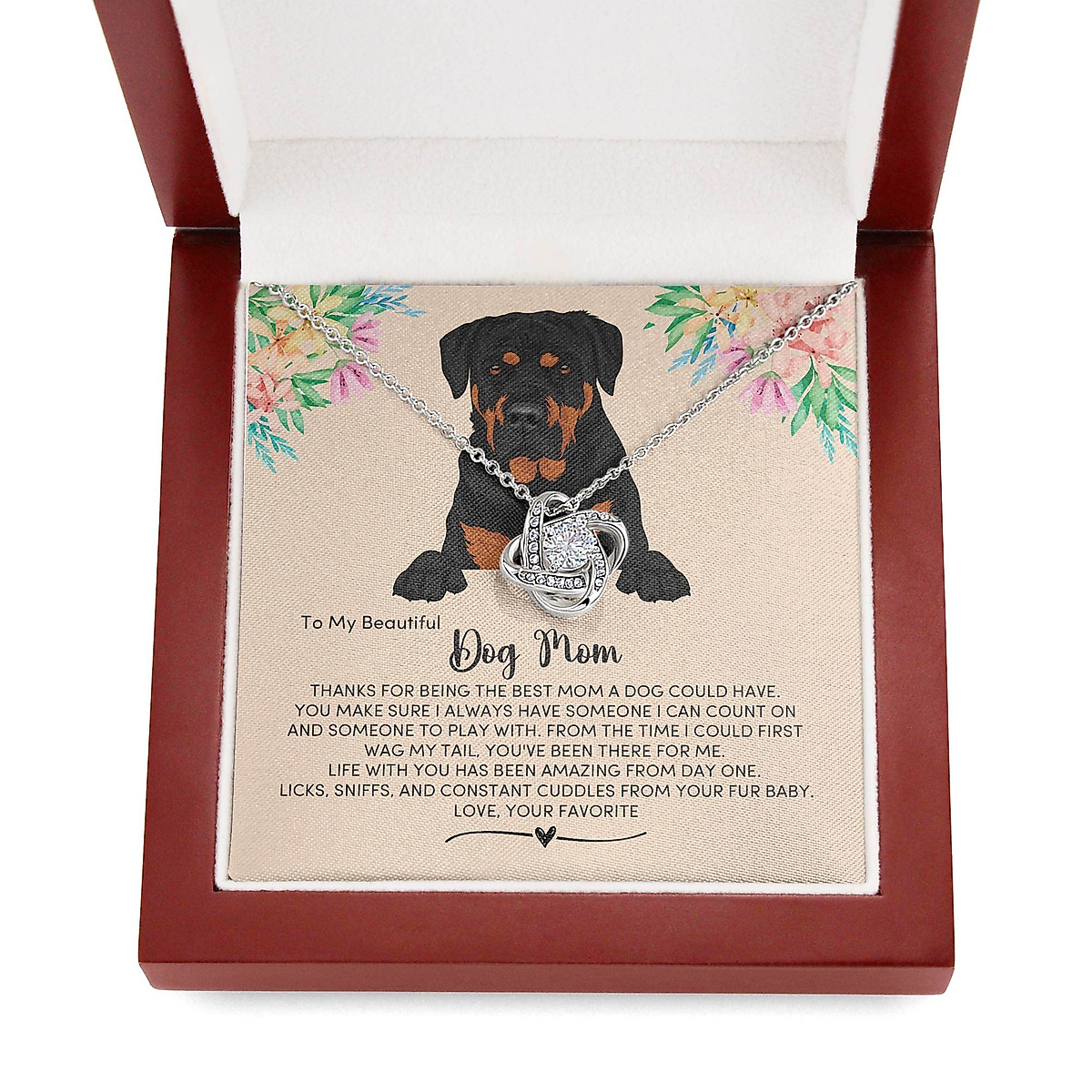 Rottweiler Dog Mom, Necklace for My Rottweiler Fur Mom, Rottweiler Dog Portrait Message Card for my Dog Mum, Dog Mom Jewelry Present Pet Owner Mahogany Style Luxury Box (w/LED) - Love Knot