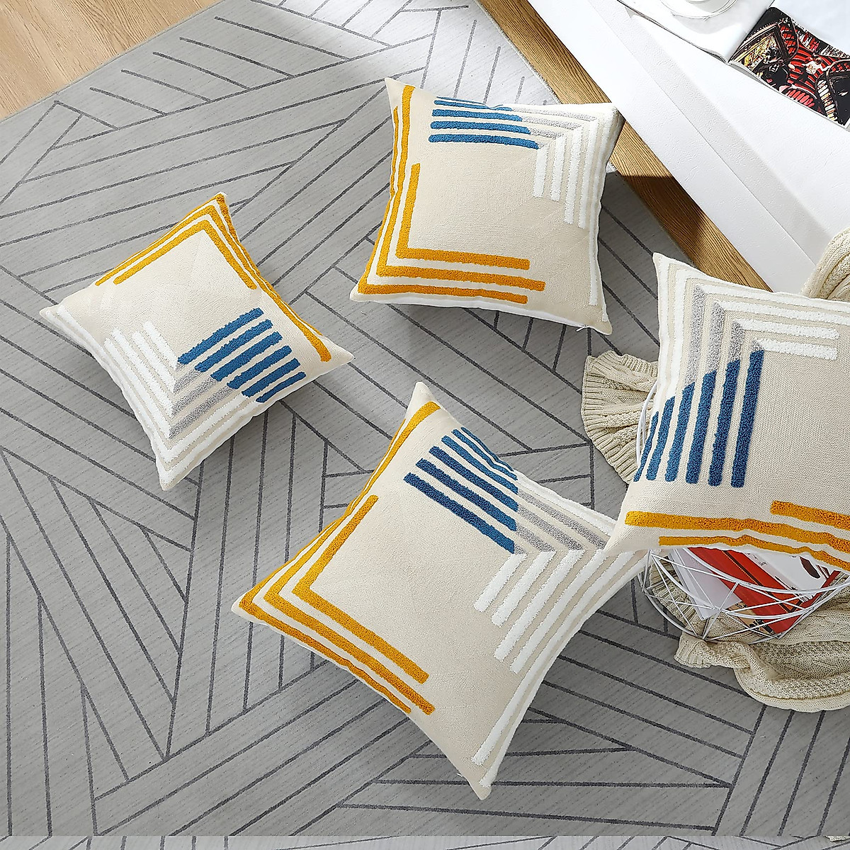 Oirpro Boho Throw Pillow Covers 18x18 Set of 2 Neutral Accent Modern Farmhouse Blue and Yellow Pillow Covers with Embroidered Geometric Pattern Decorative for Couch Bed Living Room Outdoor