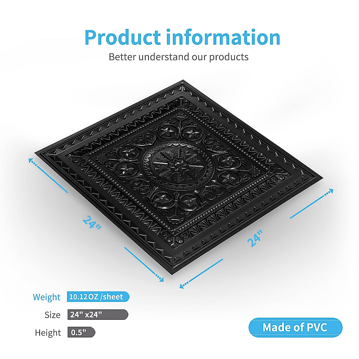 Art3d Drop Ceiling Tiles, Glue up Ceiling Tiles, 2'x2' Plastic Sheet in Black (12-Pack, 48 Sq.ft)