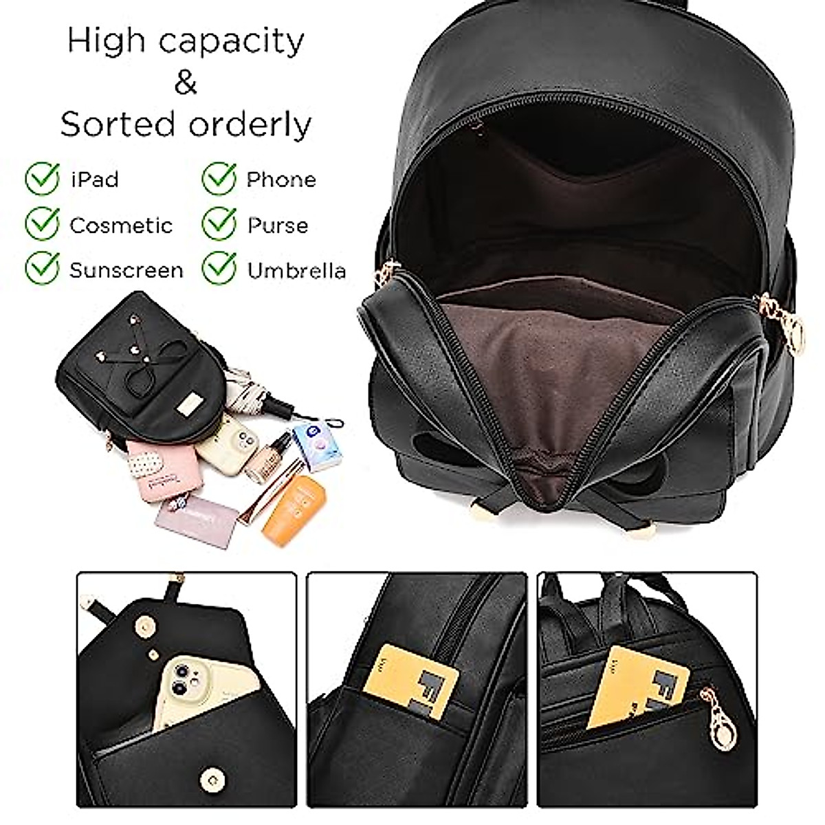 I IHAYNER Girls Bowknot Small Leather Backpack Cute Backpacks for Girls Mini Backpack Purse for Women Mini Backpack for Girls Black