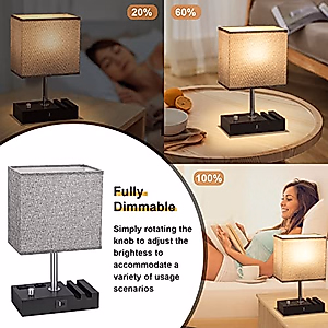 Kakanuo Fully Dimmable Nightstand Lamp for Bedroom with USB C Ports, Grey Small Bedside Table Lamp with Charging Outlets and Phone Stands, Wooden Desk Lamp for Living Room, LED Bulb Included
