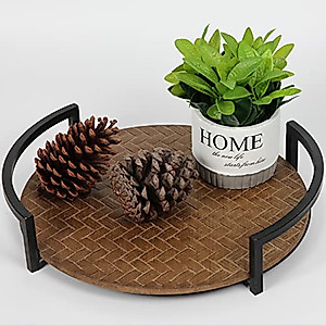 Farmhouse Round Decorative Tray，Wood Serving Tray with Metal Handles, Rustic Ottoman Coffee Table Accent Tray, Centerpieces for Table (Natural Brown)