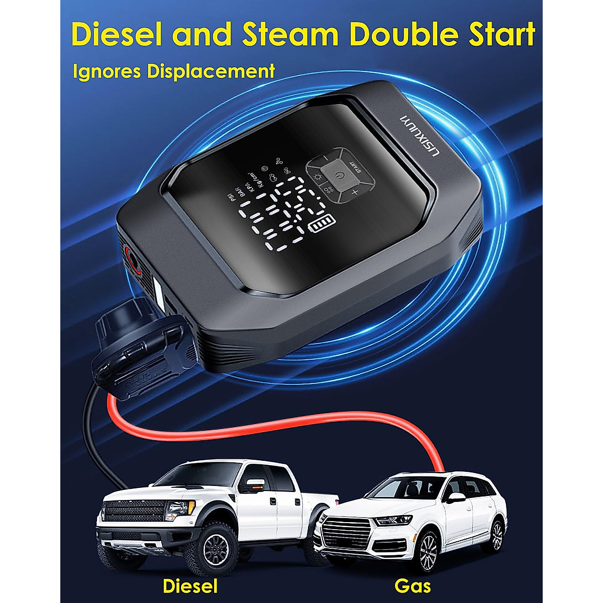 Portable Car Jump Starter with Air Compressor,160PSI Digital Tire Inflator & 8000mAh Battery Booster for 3.5L Gas Engine/4.0L Diesel Engine 12V Car Lithium Battery Safe Jump Box Pack Power Charger