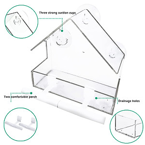 WLLKOO Window Bird Feeder, Bird House for Outside with 2 Rod, Small Acrylic Window Bird Feeder with Strong Suction Cups and Drain Holes 5.9 * 2.4 * 5.9 inch