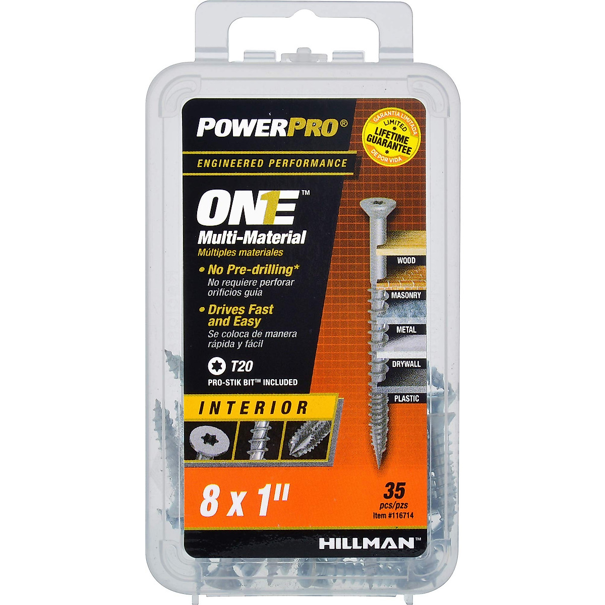 Power Pro Premium One Multi-Material Flat Head Screws, Zinc Plated Steel, Fasten in Wood, Metal, Concrete, Drywall and Plastic, Silver, #8 x 1 inch, Box of 35 Screws