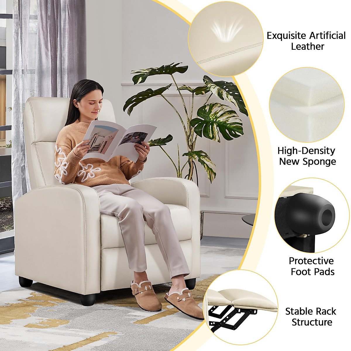 Yaheetech Recliner Chair PU Leather Recliner Sofa Home Theater Seating Adjustable Modern Single Reclining Chair Sofa with Pocket Spring Living Room Bedroom Beige