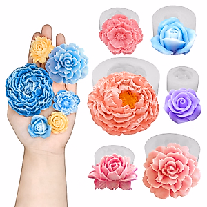6PCS Flower Silicone Molds Resin Candle Mold Set, 3D Bloom Rose Peony Fondant Mold for Chocolate Cake Decor Soap Candle Making Kit, Resin Mold for Epoxy Casting Polymer Clay Craft Gift