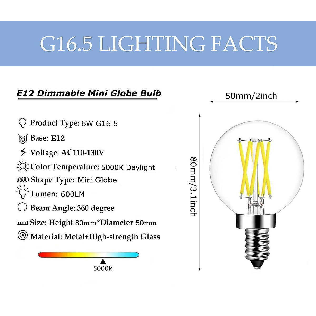 Dimmable E12 Candelabra Base led Edison Bulb, G16.5 Mini Globe Bulb 6W Daylight 5000K 60Watt Equivalent 600lm for Chandeliers,Ceiling Fan and Vanity, 5 Pack