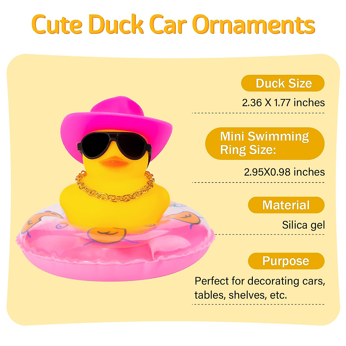 wonuu Car Rubber Duck, Yellow Duck Decoration Dashboard with Sun Hat Swim Ring Necklace Sunglasses for Car Dashboard Decorations