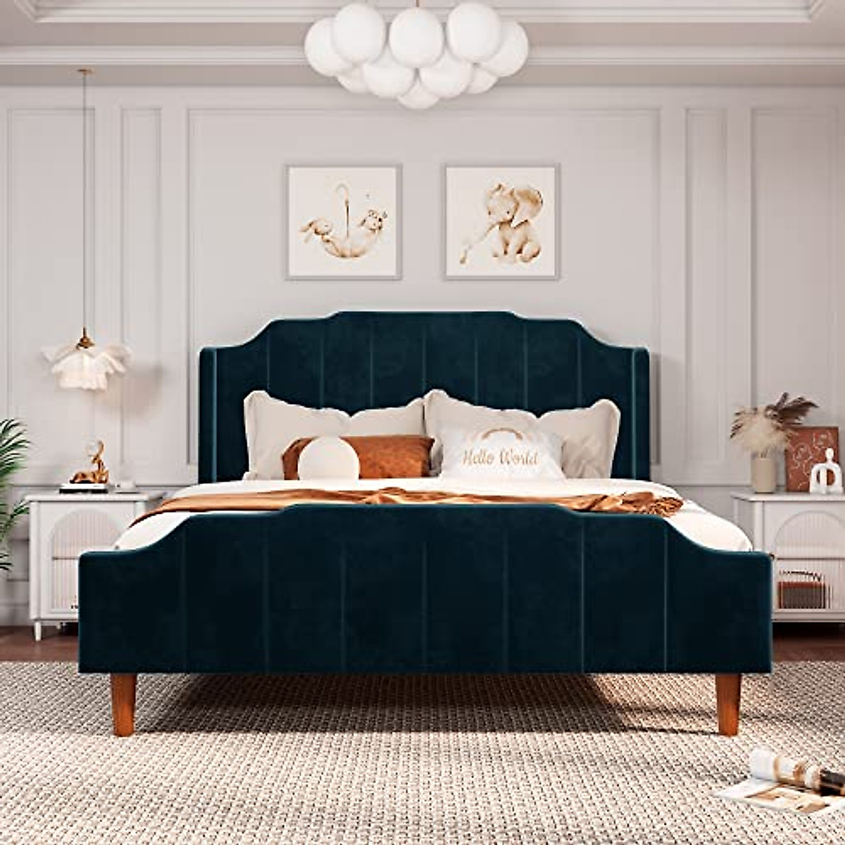 Allewie Queen Size Velvet Bed Frame Upholstered Platform Bed with Vertical Headboard and Footboard, Solid Wood Leg and Strong Slats Support, No Box Spring Needed, Easy Assembly, Blue