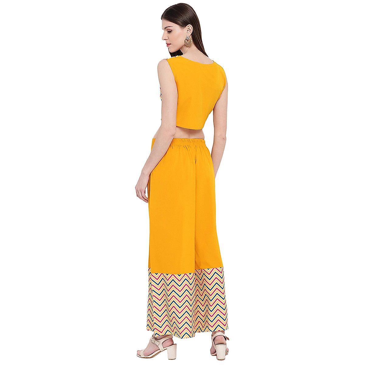 Janasya Indian Women's Yellow Poly Crepe Crop Top with Palazzo and Jacket