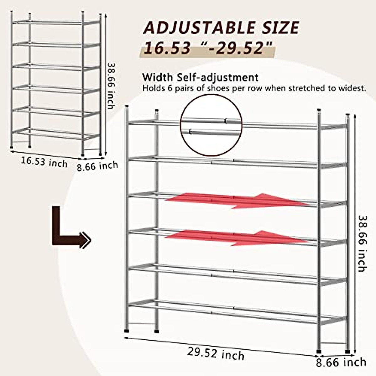 YIZAIJIA Shoe Rack Storage Organizer 6 Tier Expandable Metal Adjustable Shoe Shelf Free Standing Shoe Rack for Entryway Closet Doorway,Silver