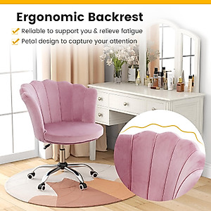 Giantex Velvet Home Office Chair, Modern Cute Shell Back Upholstered Desk Chair with Wheels, Adjustable Swivel Task Chair, Comfy Vanity Chair for Girls Women Bedroom, Pink
