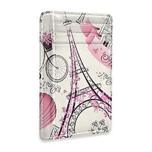 Linomo Thin leather Card Holder and Money Clip Pink Flower Paris Eiffel Tower Wallet RFID Blocking for Men & Women