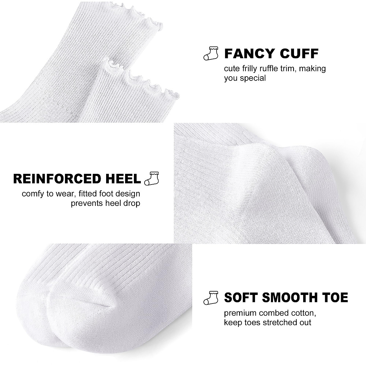 UTTPLL Ruffle Crew Socks Women Turn-Cuff Athletic Aesthetic Lettuce Socks Ladies Thin Lovely Cotton Frilly Boot Ankle Socks White One Size