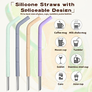 Reusable Silicone Drinking Straws 4PCS Splicable Straws with Travel Case Cleaning Brush -Silicone Straws Length Adjustable Drinking for 20/30/32oz Tumblers(0.2'' diameter)