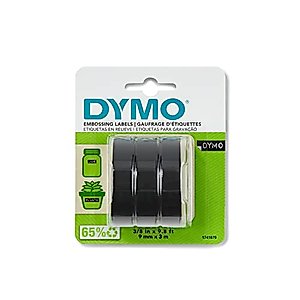 DYMO 3D Plastic Embossing Labels for Embossing Label Makers, White Print on Black, 3/8'' x 9.8', 3-roll Pack (1741670)