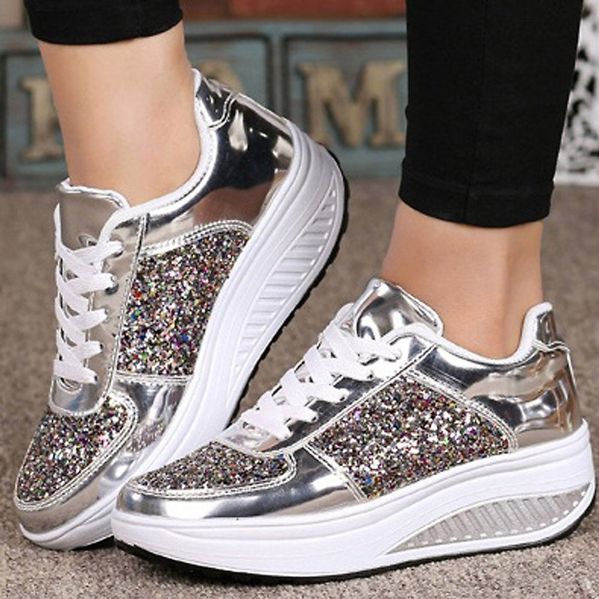 Womens Sports Walking Sneakers Platform Crystal Bling Sneakers Fashion Shoes Lace-Up Flat Heel Orthopedic Shoes Silver