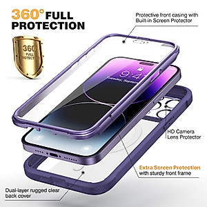 Diaclara Designed for iPhone 14 Pro Max Case 6.7’’,[Compatible with MagSafe][2023] Full Body Rugged Magnetic Protective Case+9H Camera Lens Protector w/Built-in Screen Protector (Deep Purple)