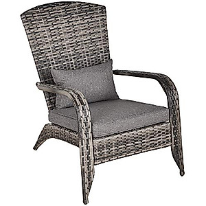 Outsunny Patio Wicker Adirondack Chair, Outdoor All-Weather Rattan Fire Pit Chairs w/Soft Cushions, Tall Curved Backrest, and Comfortable Armrest for Deck or Garden, Grey