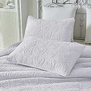Brandream 5-Piece White Quilts 100% Cotton Queen Size Quilt Bedding Set Rose Matelasse Bedspread Set Breathable Lightweight