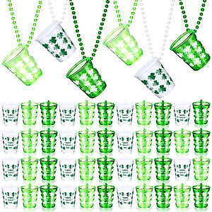 Cunno 50 Pieces St. Patrick's Day Shot Glass on Beaded Necklace Shamrock Plastic Shot Cup Necklace White Green Shot Glass Necklaces for Festival Parade Bachelorette Wedding Birthday Party Favors