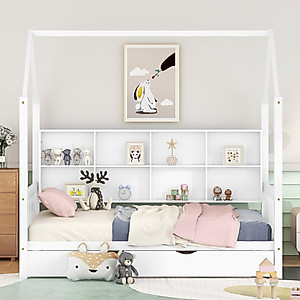 Harper & Bright Designs Twin Size House Bed with Trundle, Wood Twin House Bed Frame with Shelf Compartment, Twin House Bed for Kids with Roof for Girls, Boys,No Box Spring Needed, White