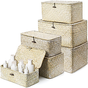 Kigley 6 Pcs Seagrass Basket with Lid Wicker Storage Decorative Boxes with Lids Bin Woven Organizer for Shelf Closet Bedroom, 6 Sizes(Classic Style,White)