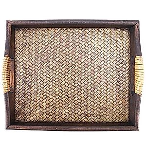 GEEKLLS Breakfast Tray Multi-Functional Wooden Serving Trays with Handle Rectangle Handmade Rattan Bamboo Tea/Oil Trays Dessert/Coffee/Fruits Plate 30.