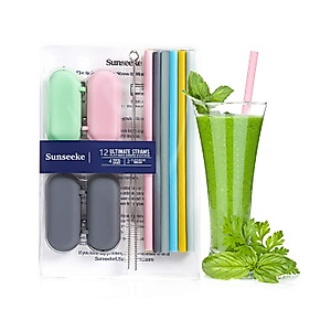 Sunseeke Silicone Straws Reusable - Odorless, 12 Standard Drinking Straws, 4 Carry Pouch, 2 Cleaning Brushes, Certificated Food Grade Platinum Silicone - 8 1/2" Long