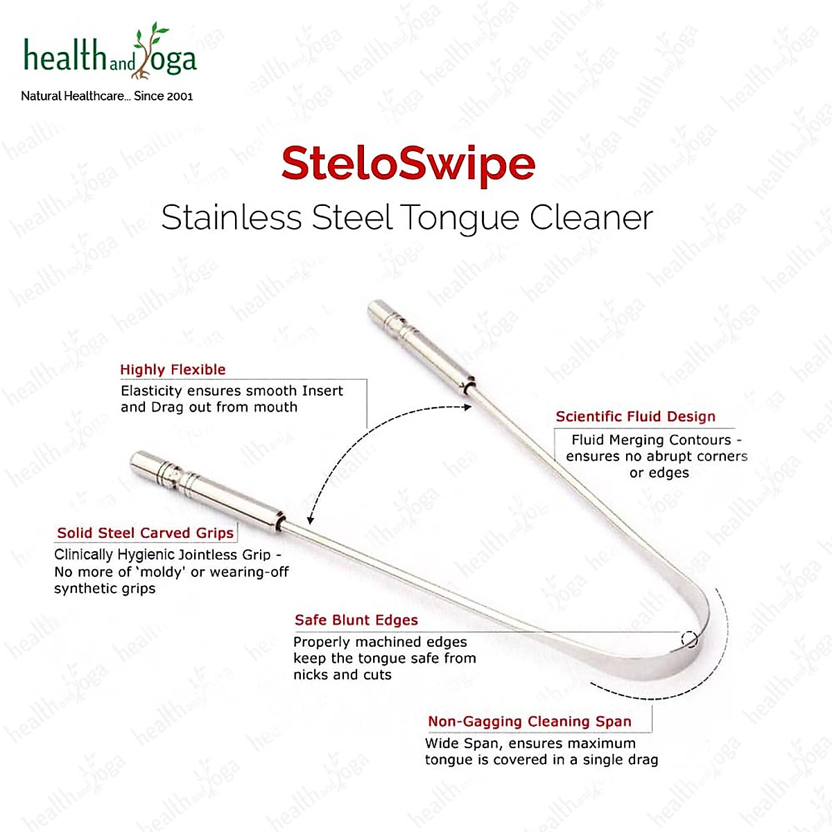 HealthAndYoga™ Tongue Cleaner Scraper - Hygienic, Surgical Grade, Non-Synthetic Grip – Sterilizable Tongue Brush Cleaner (Surgical Steel - 1 Pack)