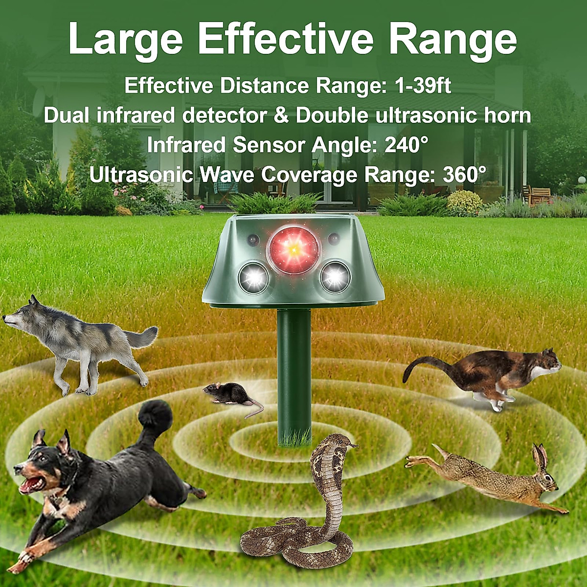 FRAMICS Solar Animal Repeller 360° Ultrasonic Animal Repellent Outdoor Solar Animal Repellent Cat Deterrent with Motion Sensor & LED Flashing Animal Repeller for Repelling Cat Squirrel Deer Raccoon