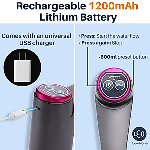 Water Dispenser, Rechargeable Wireless Water Pump with 2 Detachable Base for 5 Gallon Water Bottle or Desktop, Automatic Bedside Water Jug Dispenser