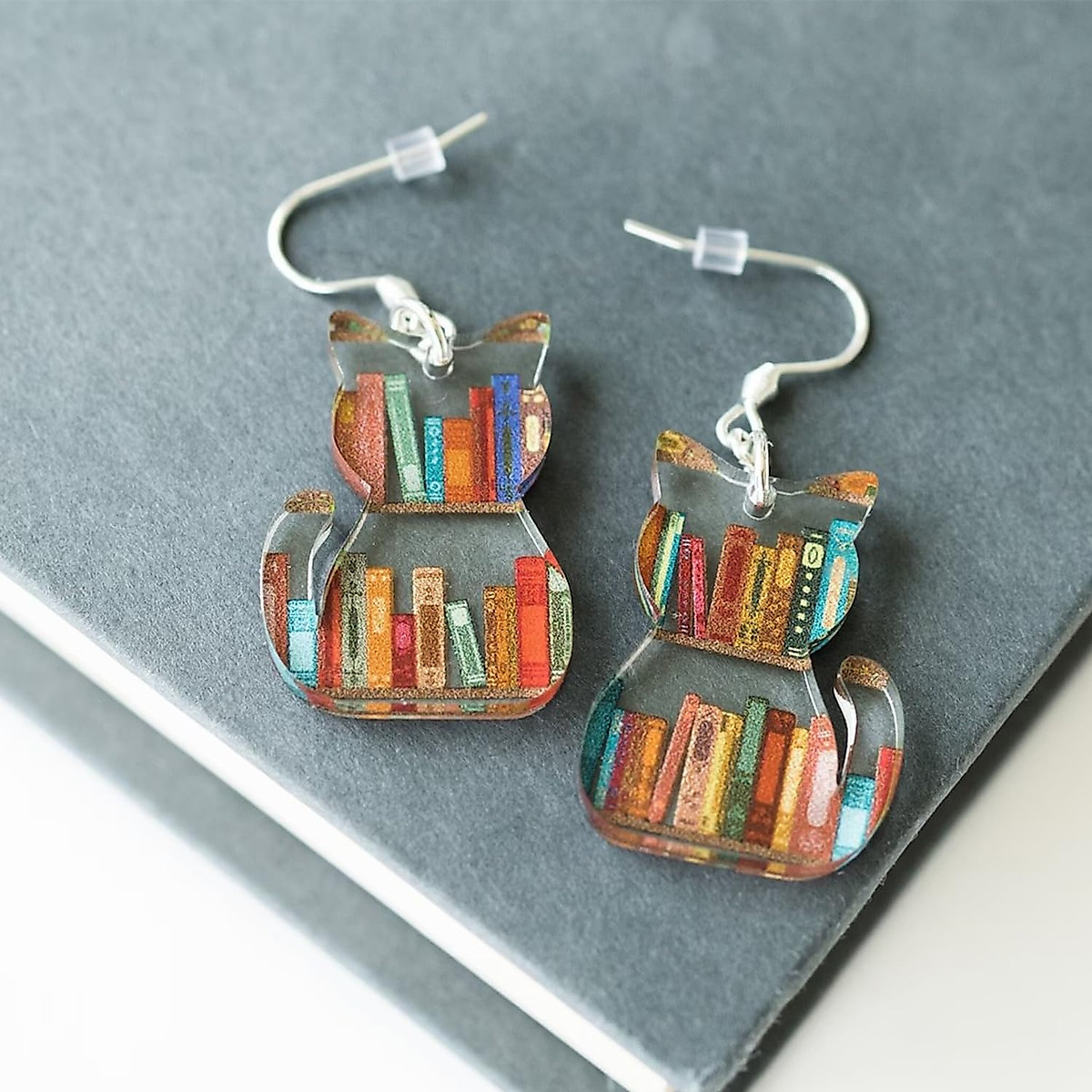 Cat Book Earrings for Women Acrylic Clear Dog Bookcase Earrings Rainbow Teacher Earrings Book Drop Dangle Earrings Graduation Teachers Day Jewelry Gifts (Cat)