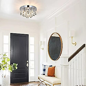 TISLYCO Modern Round Crystal Chandelier Light,3 Light Crystal Flush Mount Small Chandelier, Silver Modern Ceiling Lamps Raindrop Chandelier Crystal Light Fixture for Bedroom, Hallway