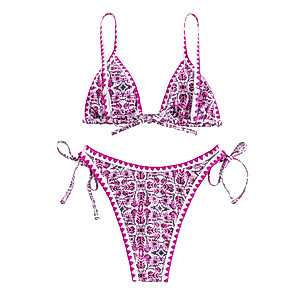 ZAFUL Women's Swimsuits Boho Floral Print Triangle String Thong Bikini Set Sexy High Cut Swimwear Bathing Suit Pink