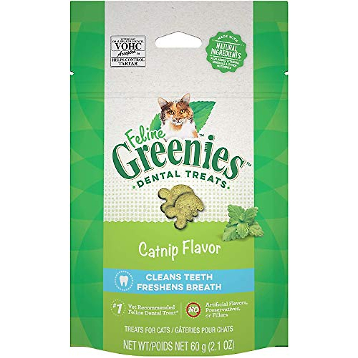 Greenies (4 Pack) Feline Dental Cat Treat Variety Bundle 4 Flavors - 2.1oz Each Bag, (1) Tempting Tuna, (1) Savory Salmon, (1) Oven Roasted Chicken, and (1) Catnip Flavor 10ct Pet Wipes