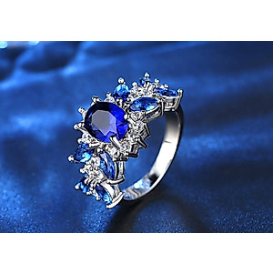 Narica Silver Plated Charming Oval Cut Created Blue Sapphire CZ Cubic Zirconia Filled Eternity Halo Cocktail Wedding Engagement Promise Leaves Floral Band Elegant Women's Flower Ring for Mom Bridal Lover Gift 9#
