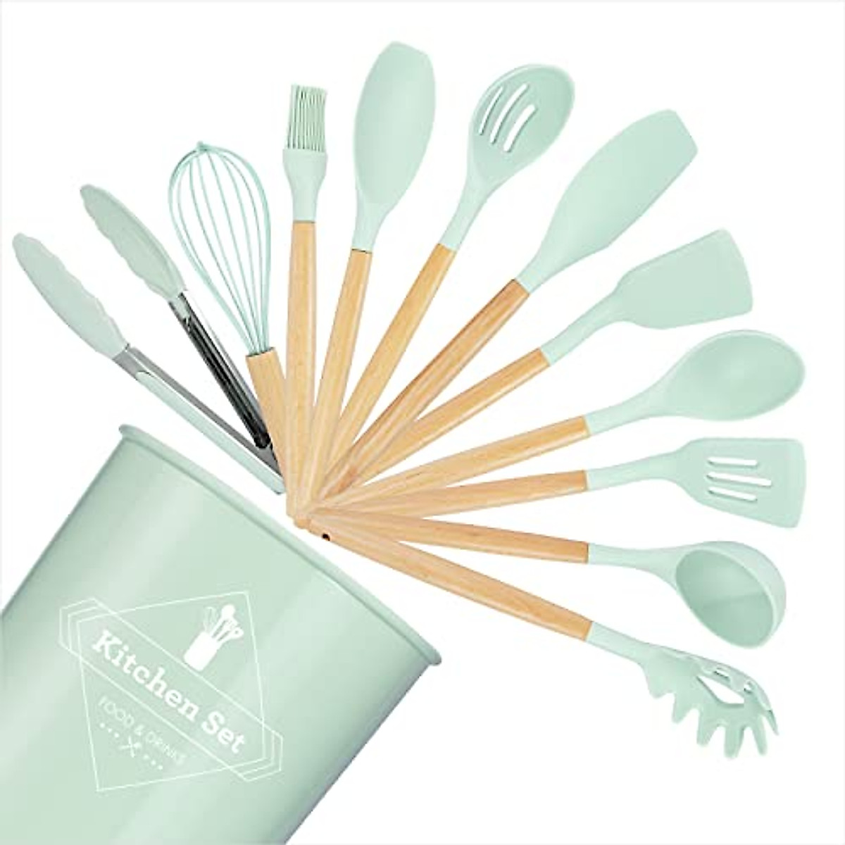 SHUNIKING Kitchen Silicone Utensil Set,12 Pcs Non-Stick Cooking Utensils With Wood Handles,Kitchen Spatula Cookware Set for High Heat Resistant Gadgets (Green) (Kitchenware-1)