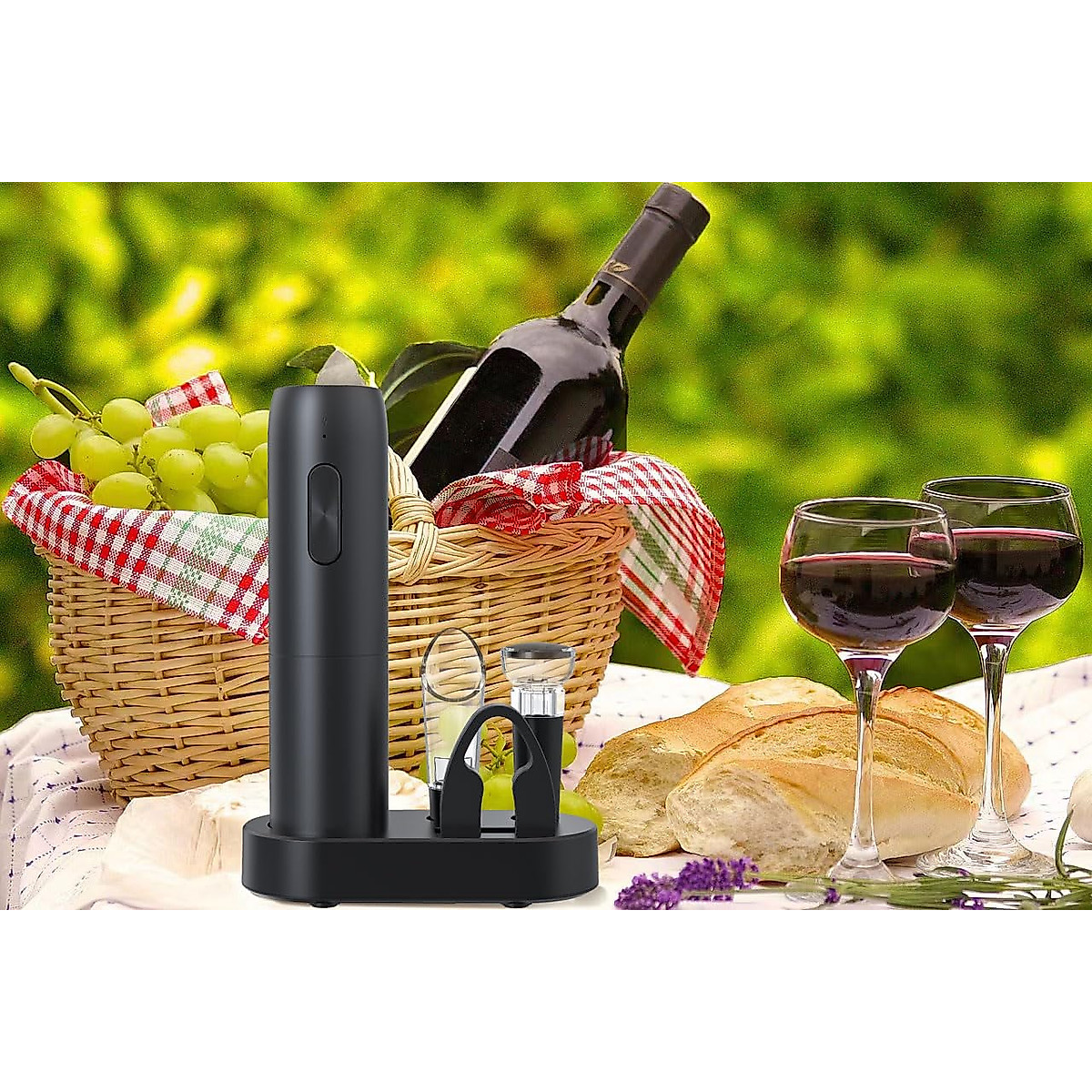 VGY Rechargeable Electric Wine Opener, 5 in 1 set with Automatic Electric Wine Bottle Corkscrew Opener, Foil Cutter, Vacuum Stopper, Wine Pourer and Storage Charging Stand