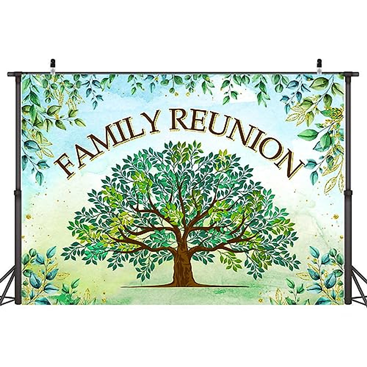 Wollmix Family Reunion Decorations Backdrop Banner Family Tree Leaves Members Welcome Signs Photography Background Gathering Gold and Green Supplies Photo Booth Banner Props 7x5ft