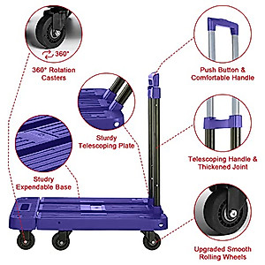 Folding Hand Truck, 500 LB Heavy Duty Luggage Cart, Utility Dolly Platform Cart with 6 Wheels for Luggage Car House Travel Moving Shopping Office Use, Purple
