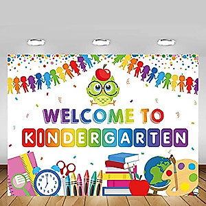 MEHOFOND 7x5ft Welcome to Kindergarten Backdrop Owl Colorful Flags Back to School Kids Classroom Party Decorations First Day in Preschool Kindergarten Photography Background Photo Studio