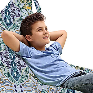 Ambesonne Autumn Damask Lounger Chair Bag, Repetitive Pattern Flower Shaped Oriental Motifs Illustration, High Capacity Storage with Handle Container, Lounger Size, Pale Ceil Blue Multicolor