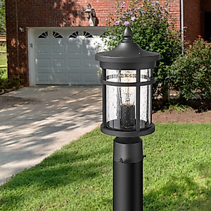 Diyel Outdoor Post Light Fixture, 13.8" Exterior Pillar Lantern with Black Finish and Seeded Glass, Exterior Post Lamp, RZ002-P BK