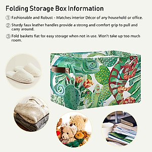 Animal Chameleon Tropical Cactus Storage Bin Canvas Toys Storage Basket Bin Large Storage Cube Box Collapsible with Handles for Home Office Bedroom Closet Shelves,2 pcs