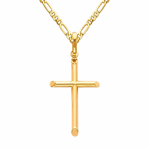 The World Jewelry Center 14k REAL Yellow Gold Cross Pendant with 2mm Figaro Chain Necklace - 22"